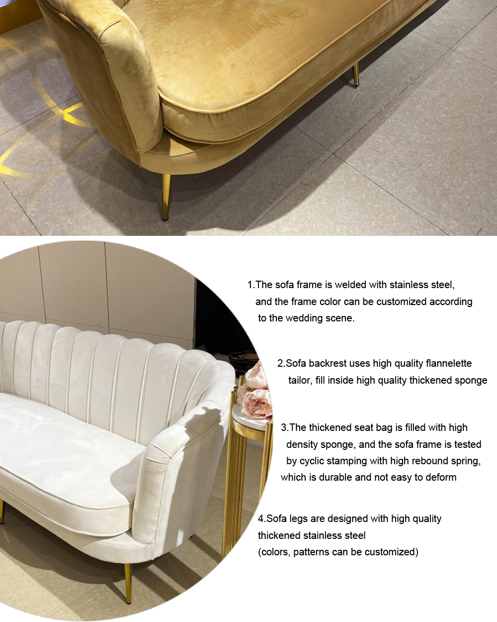 elegant love seater stainless steel velvet bride groom wedding sofa