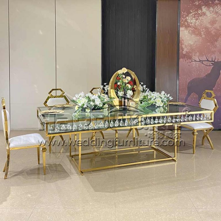 Tempered Glass Top Gold Wedding Table with Crystal